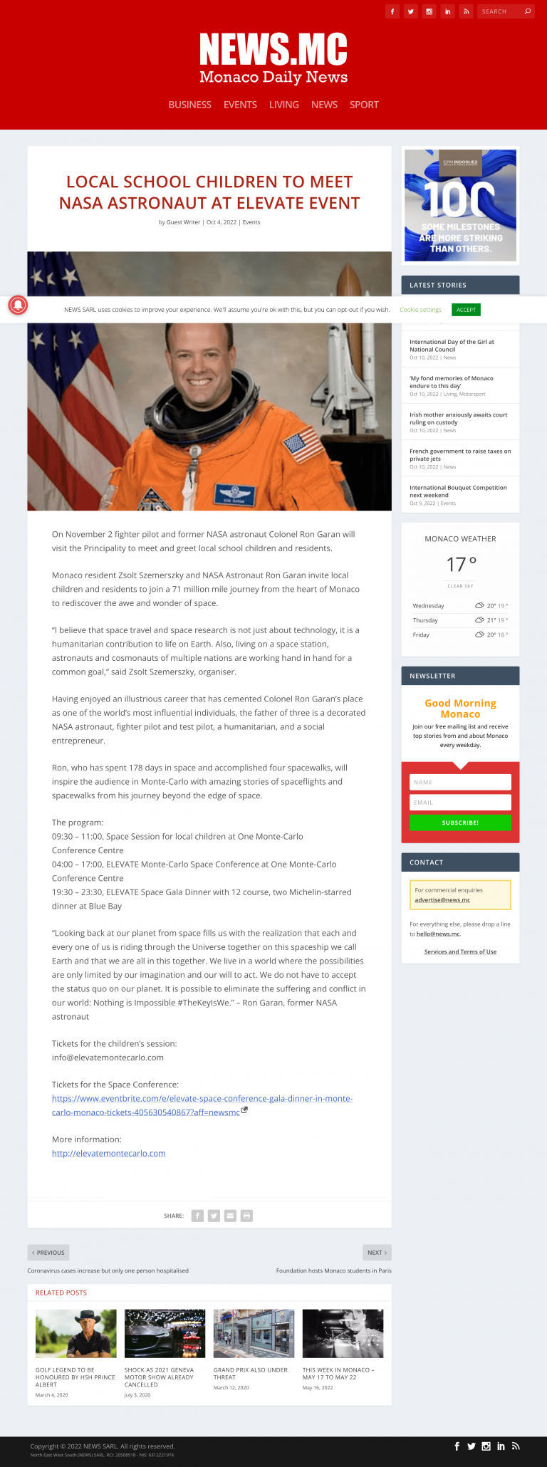 News.mc - Local school children to meet NASA astronaut at ELEVATE event ...
