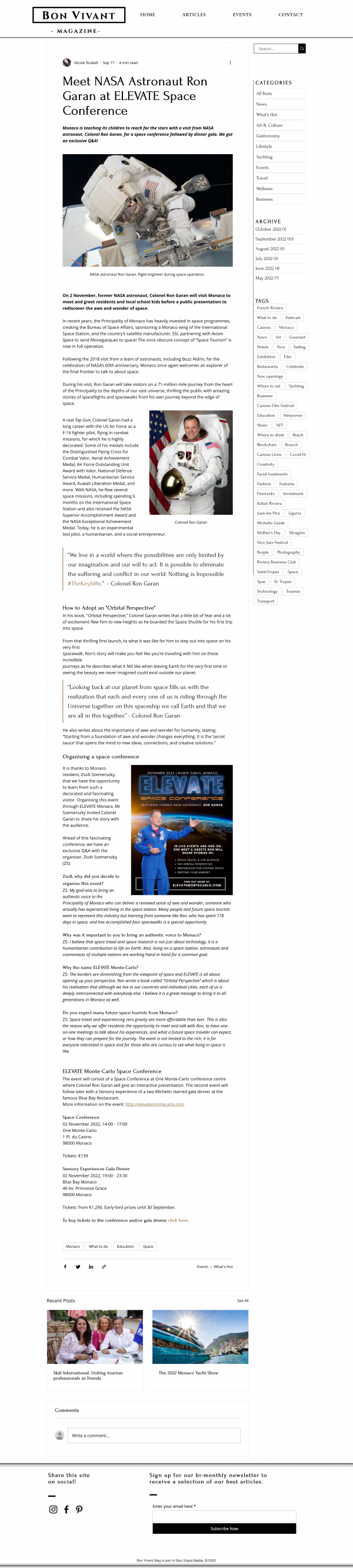 Bon Vivant Magazine - Meet NASA Astronaut Ron Garan at ELEVATE Space Conference | ELEVATE