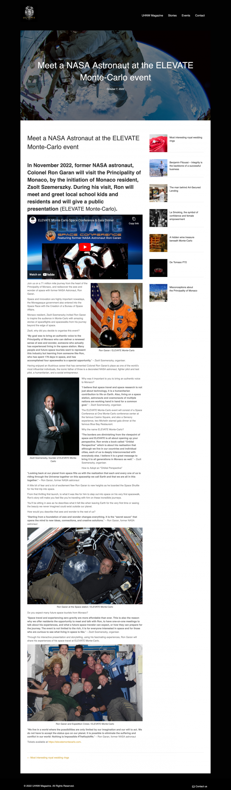 UHNW Magazine - Meet a NASA Astronaut at the ELEVATE Monte-Carlo event ...
